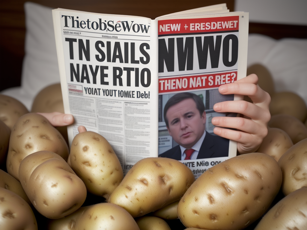 A Person Relaxing in Bed Surrounded by Potatoes While Reading a Newspaper