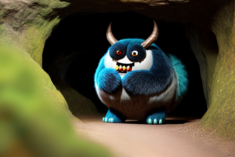 fluffy cute eyes fat monster with teeth in a cave with horns