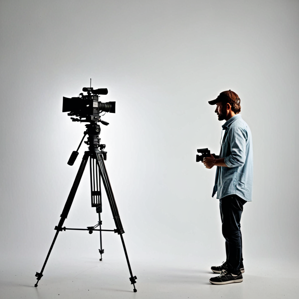 full body side view silhouette of a single cinematographer looking thru ...