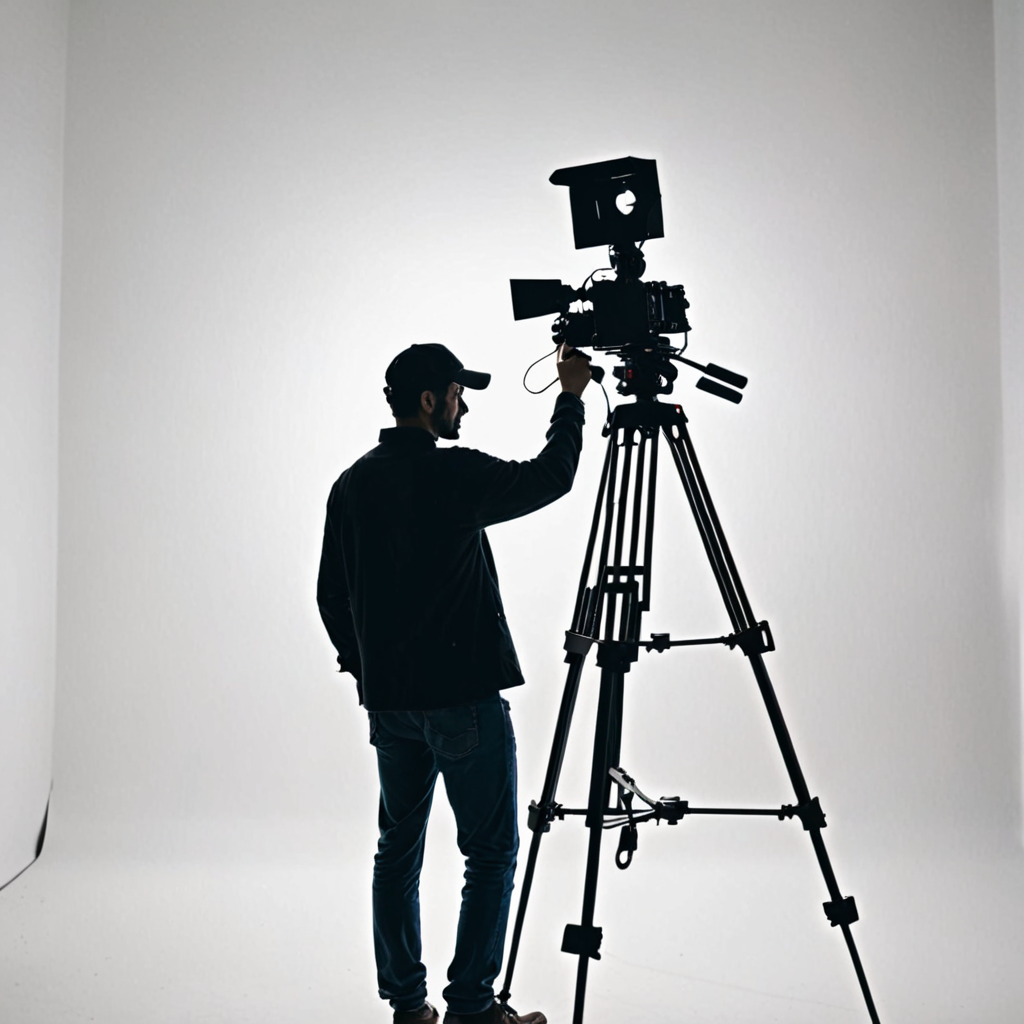 full body silhouette of a single cinematographer looking thru the ...