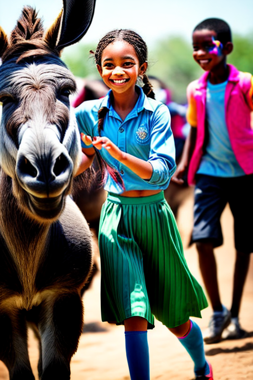 a donkey dancing with students in school