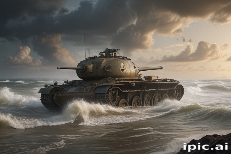 An Old Tank Braving the Stormy Waves of the Ocean Shoreline