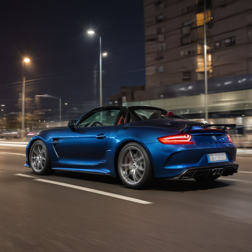full view of the side of a euro sport car with dark blue paint driving ...