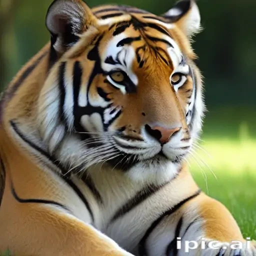 A Majestic Tiger Relaxing in a Lush Green Natural Environment.