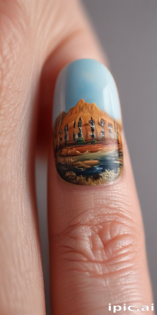 Intricate Nail Art Depicting a Scenic Mountain Landscape with Reflection