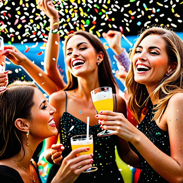 party with women, float, confetti and drinks.