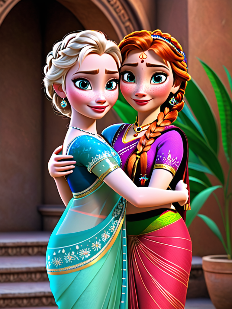 Elsa and Anna together hugs in saree indian 3D Disney