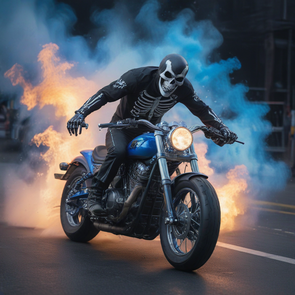 Wicked skeleton riding a motorcycle doing a burnout with blue flames in ...
