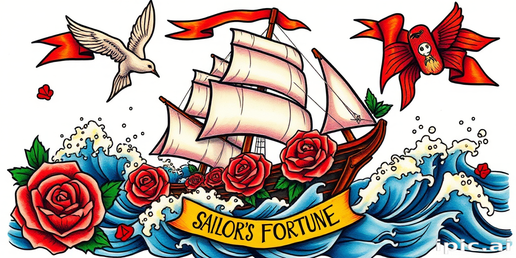 Sailor's Fortune: A Colorful Tattoo Design of Ships, Roses, and Birds