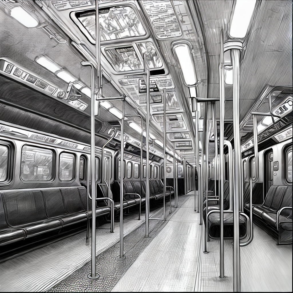 the subway train. COMIC BOOK. SKETCH STYLE. BLACK AND WHITE.