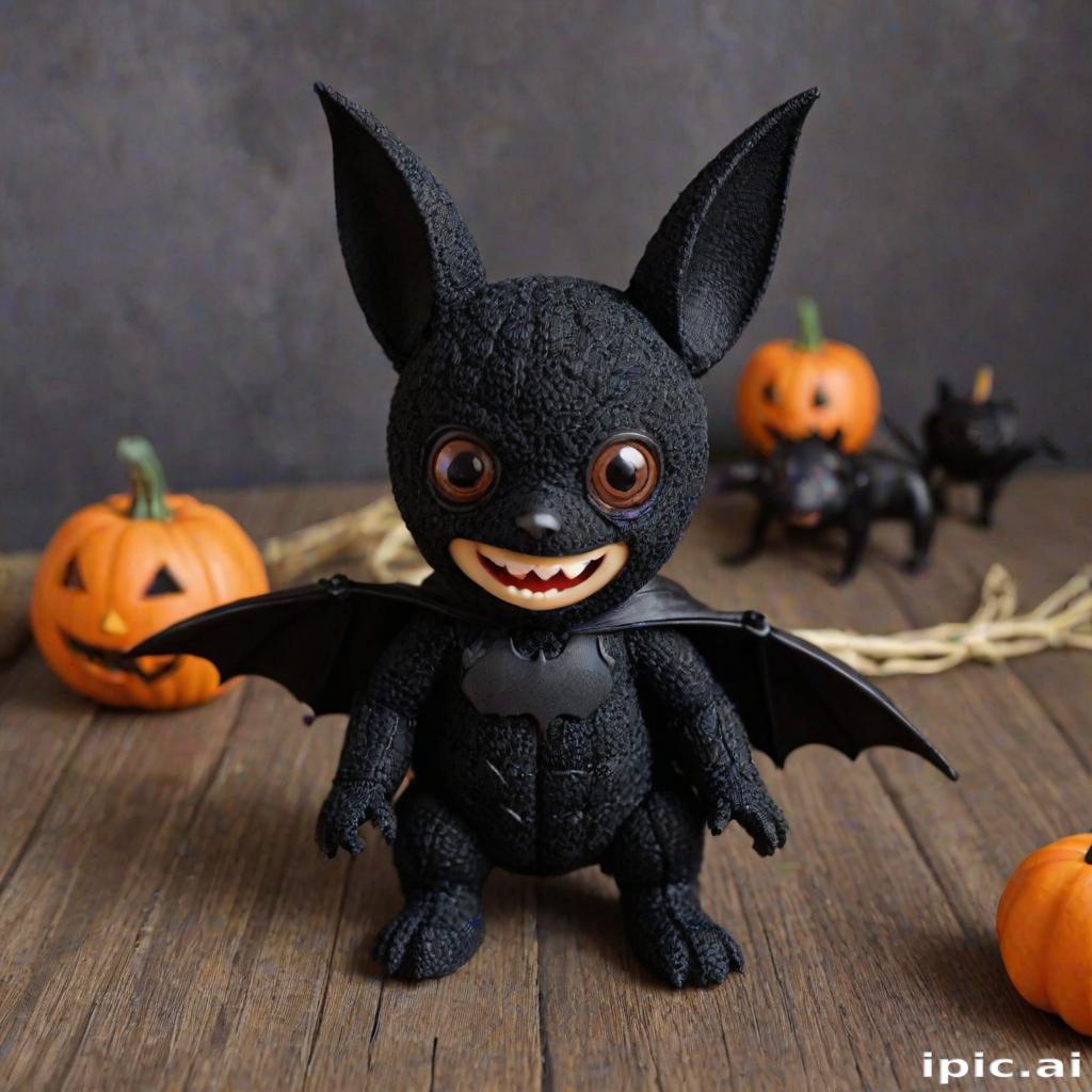 Adorable Halloween Bat Character Surrounded by Pumpkins and Spooky Decor