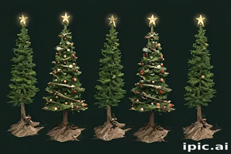 Five Beautifully Decorated Christmas Trees with Stars and Lights ...