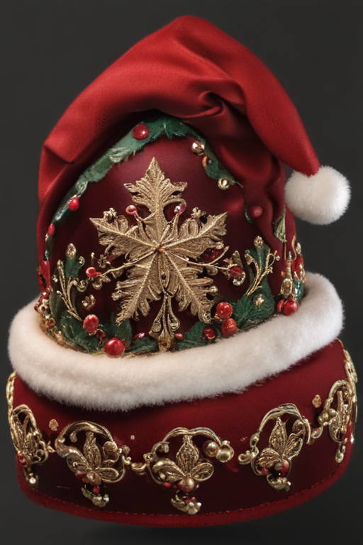Elegant Red Christmas Hat Adorned with Gold and White Accents