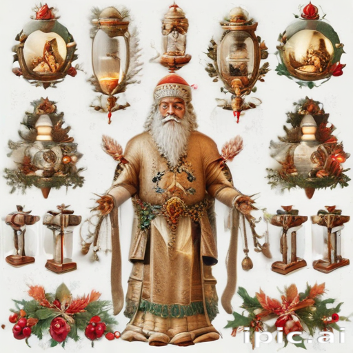 Festive Holiday Decorations Featuring a Majestic Santa Claus Surrounded ...