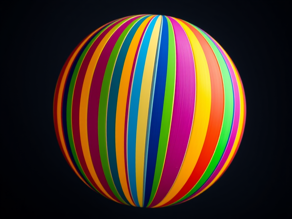 Create a high-resolution image of a multicolored striped sphere with ...