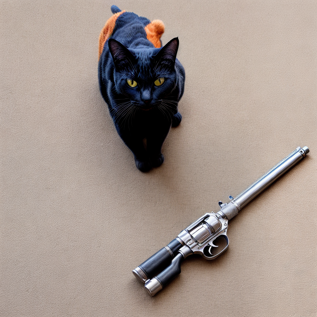 cat sitting frontally with a revolver in each paw