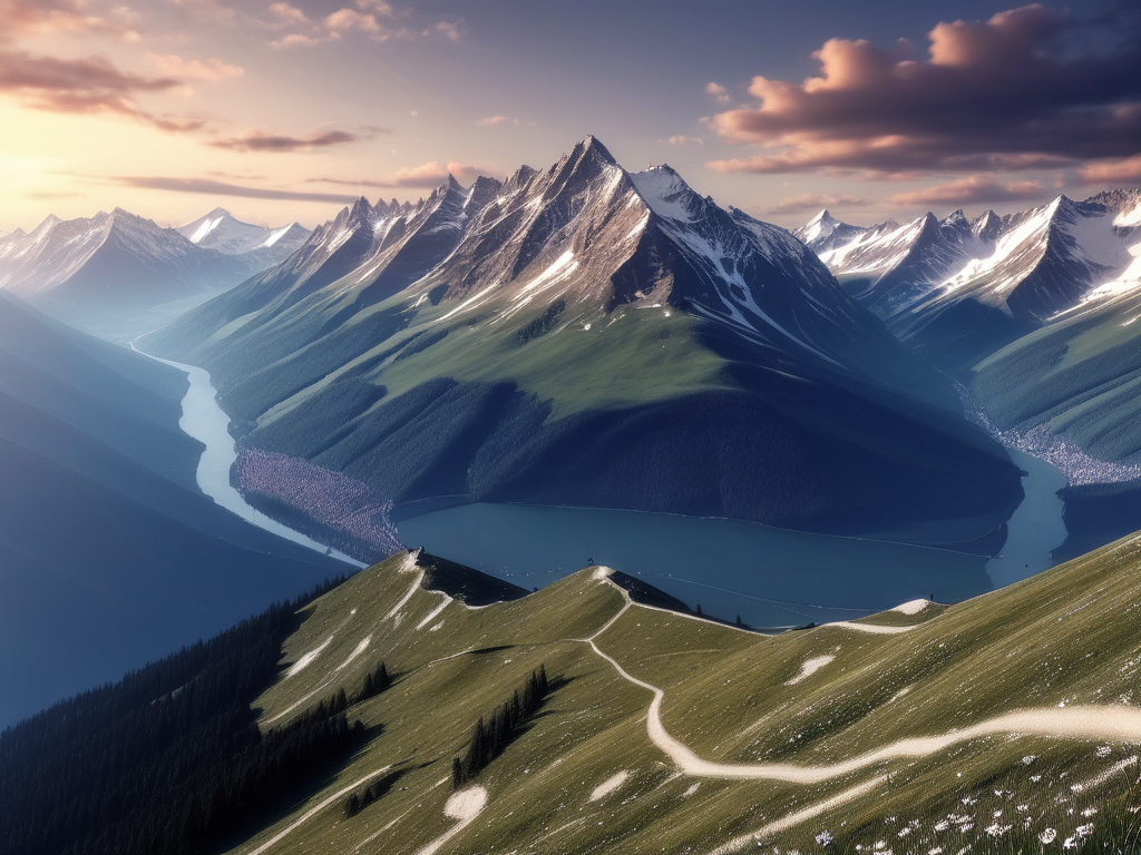 Majestic Mountain Peaks Surrounded by Lush Green Forests Under Blue Sky.