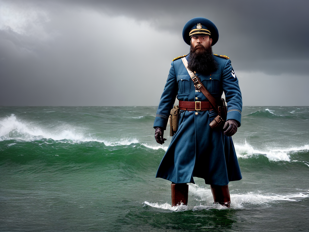 bald and bearded german soldier, facing dark stormy sea