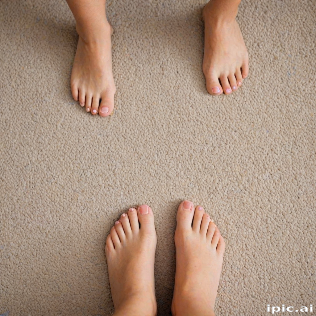 Two Pairs of Bare Feet Resting Comfortably on a Soft Carpet
