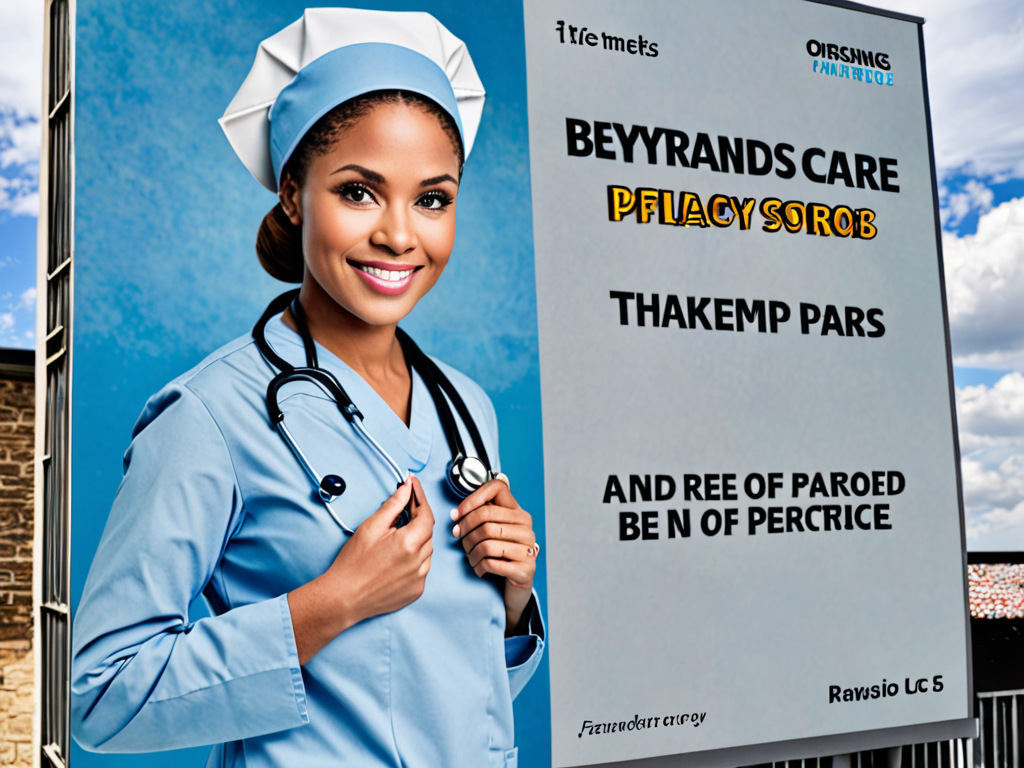 A PICTURE OF A NURSE ON A BILLBOARD AD THAT SAYS BEYOND CARE SCRUBS