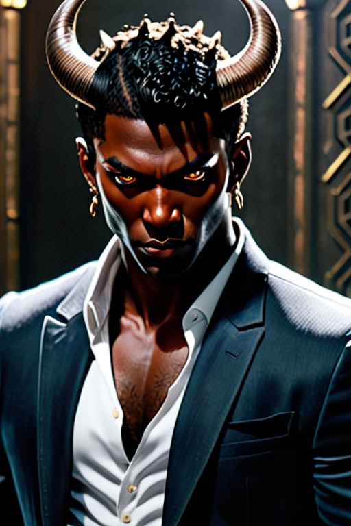 Man, dark skin, Powerful, demon, horns, short hair black, anime, semi ...