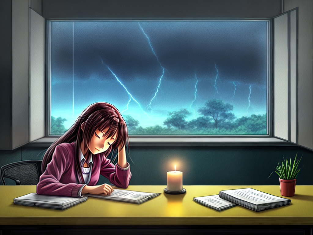 anime cartoon image of a woman at her desk resting her head on the ...