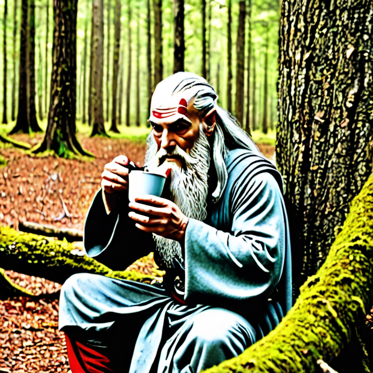 Kratos drinking coffee with gandalf in the forest