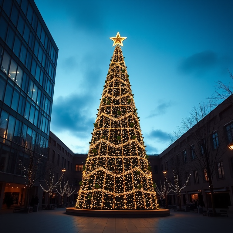 Stunningly Illuminated Christmas Tree Shining Brightly Under Evening Sky