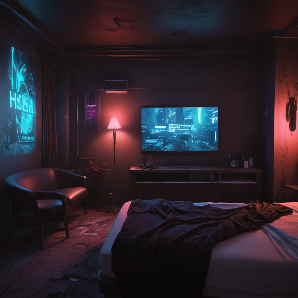 cyberpunk hotel room, TV, neon, cyberpunk