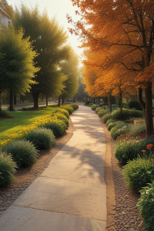 A Serene Autumn Walkway Surrounded by Vibrant Trees and Blossoming Gardens