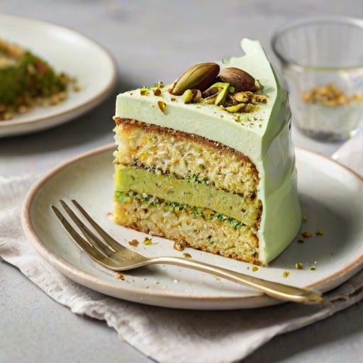 Deliciously Layered Pistachio Cake with Creamy Frosting and Nut Toppings.