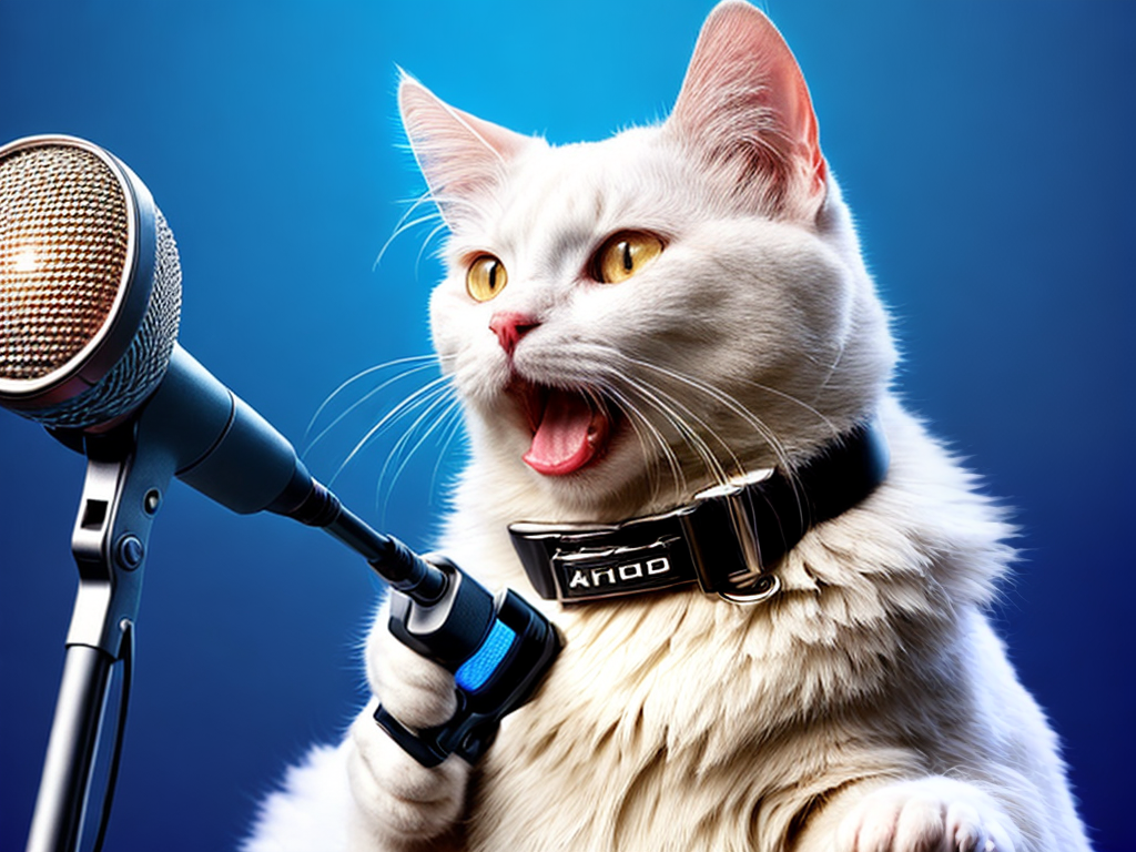 white cat in a shiny jacket singing into a microphone on a stage