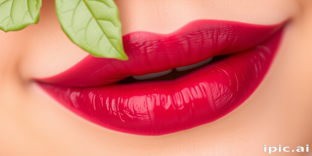 Vibrant Red Lips Framed by Fresh Green Leaves for a Natural Touch