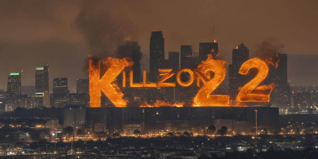 The name KILL ZONE22 spelled out with the city on fire in the background