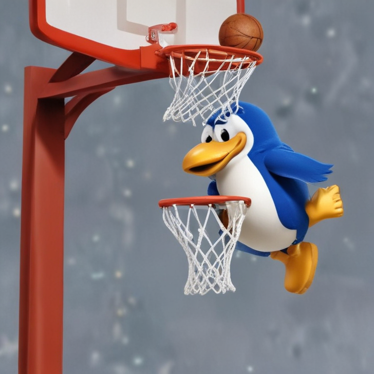 Club penguin dunking a basketball in a hoop