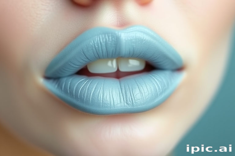 Close-Up of Glossy Light Blue Lipstick on Full Luscious Lips