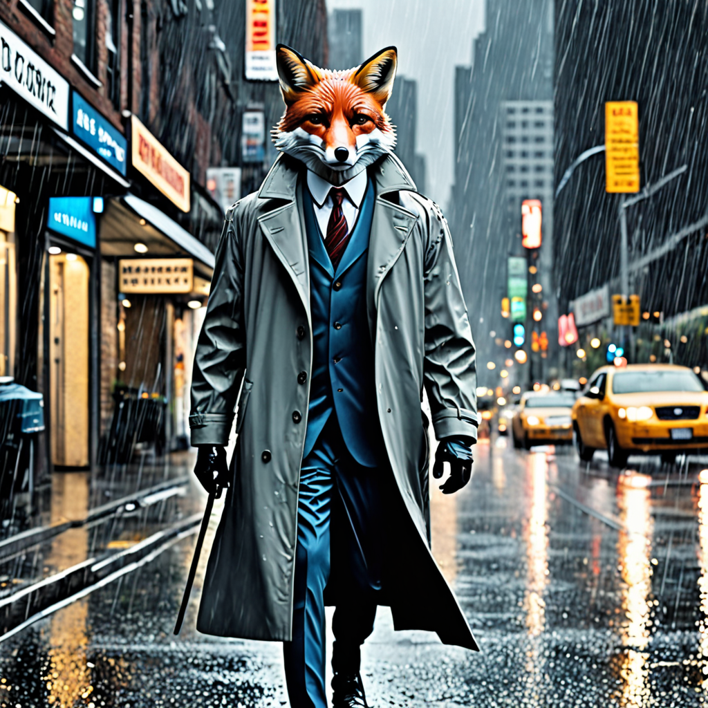 detective fox with long coat walking in the rain with city on the back