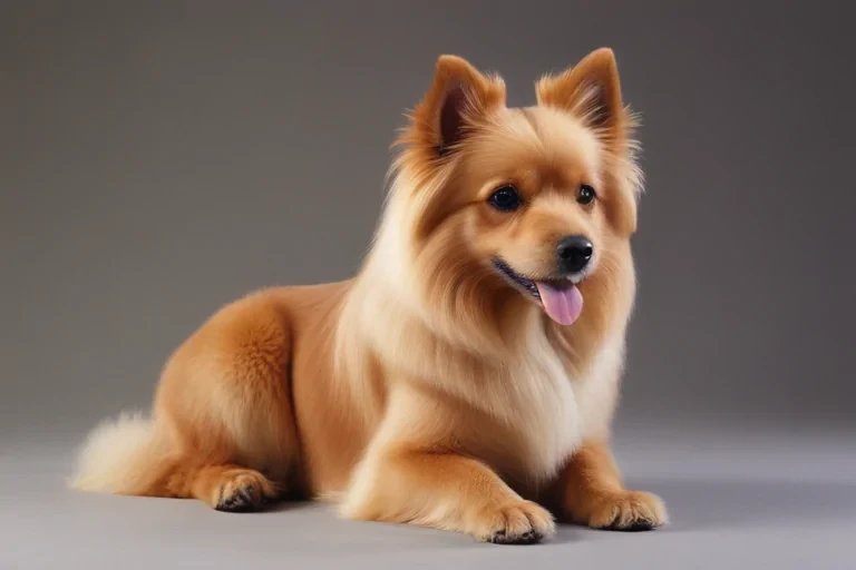 A Charming Golden Dog with Fluffy Fur Posing Gracefully in Studio Light