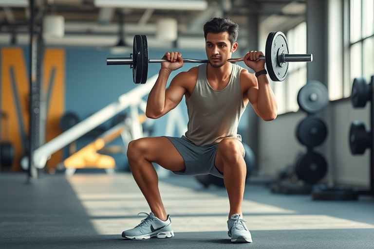 A Dedicated Fitness Enthusiast Performing a Barbell Squat in the Gym.