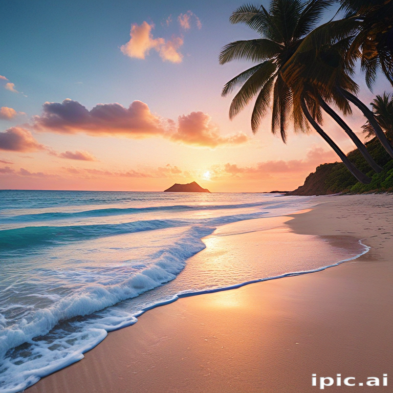 Tranquil Sunset Over Serene Beach with Palm Trees and Gentle Waves