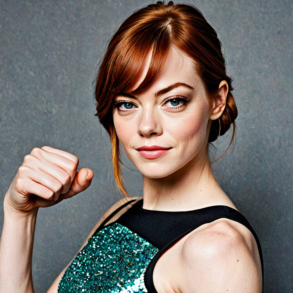 Youthful Emma Stone, flexing, large biceps