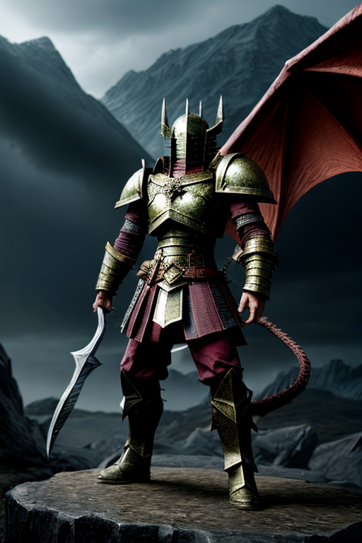 dragon slayer Standing over a slain dragon (fantasy scene)