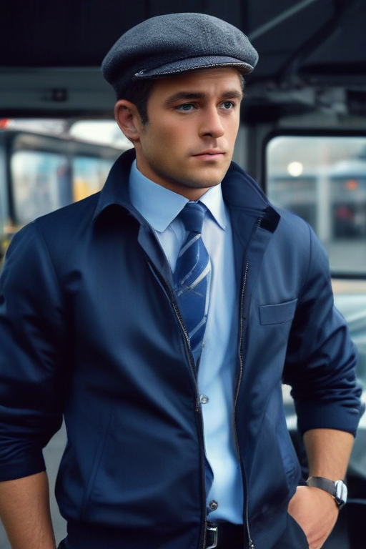 bus driver in a dark blue jacket with peaked cap and a sky blue shirt ...