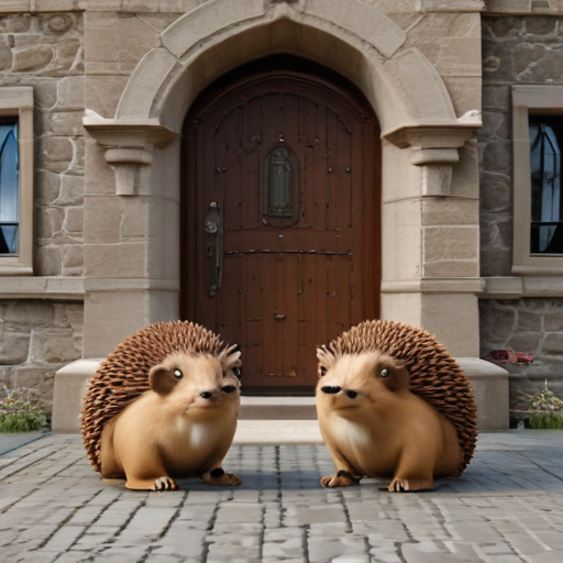 a castle with 2 big brown and tan hedgehog statues outside the front of ...