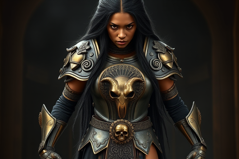 Fierce Warrior Woman in Elaborate Armor with Skull Motifs and Intense Stare