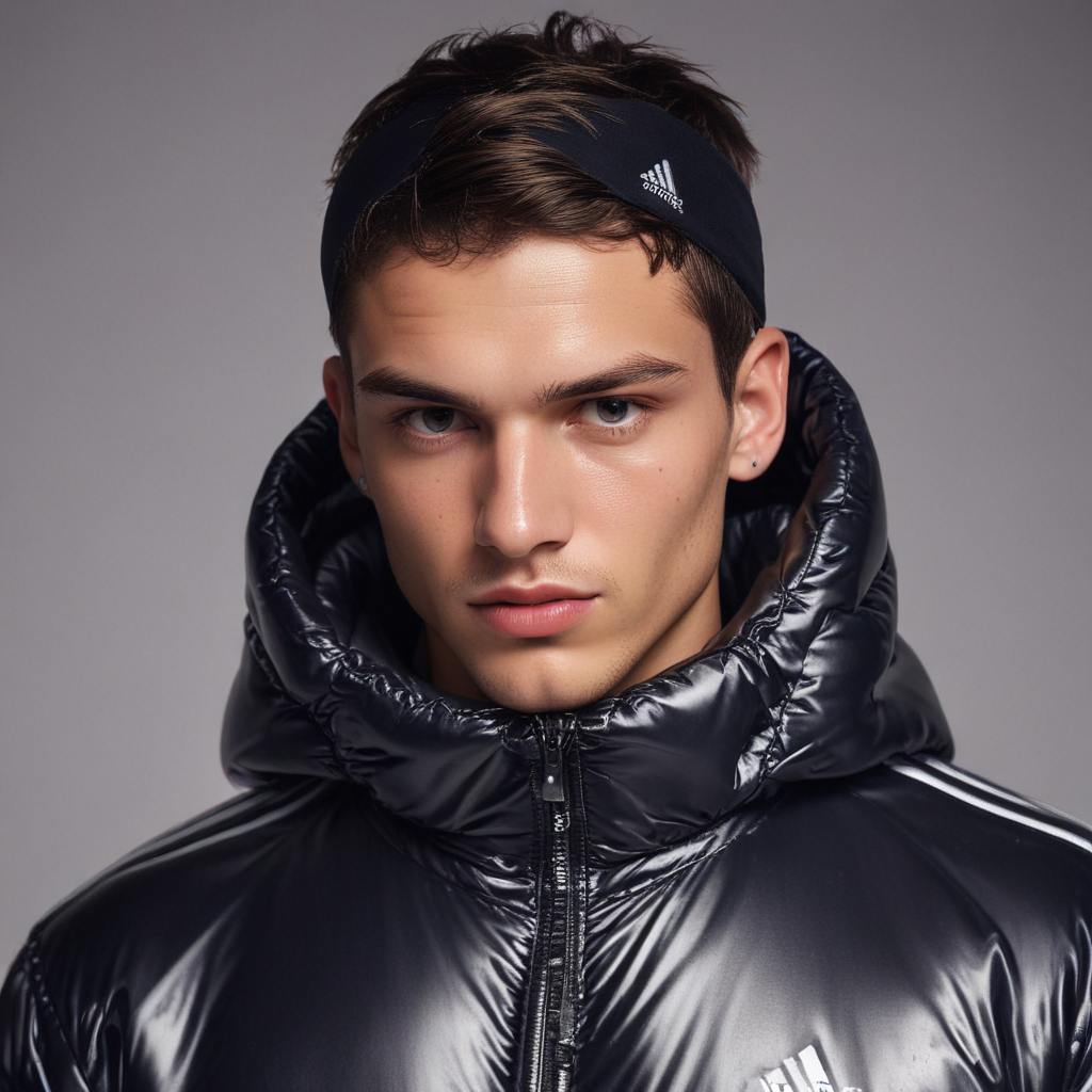 Male supermodel adidas shiny puffer jacket bling jewellery hood headband