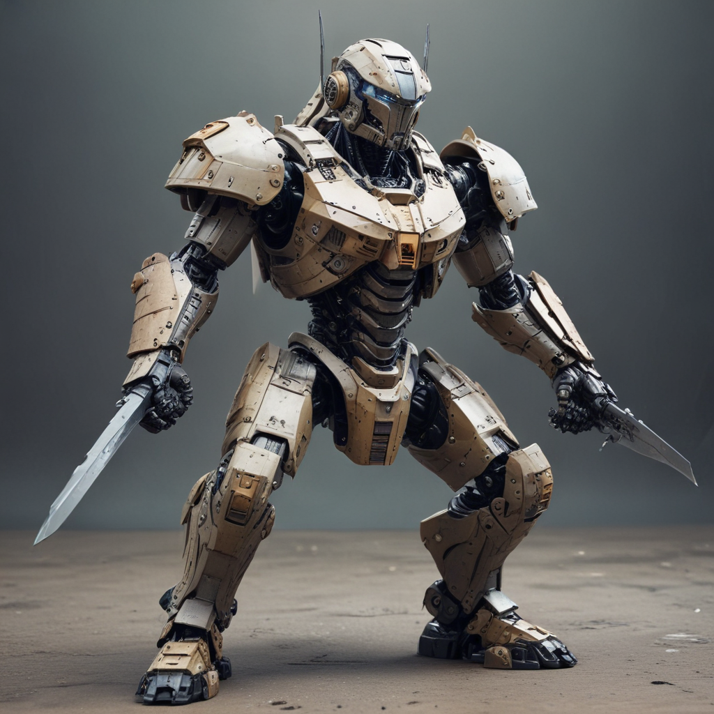 futuristic battle armored robot with mounted weapons all over holding a ...