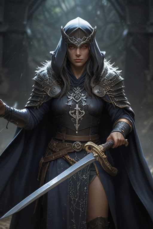 Druidic battle-witch in wizard robes and chainmail and pelt ...