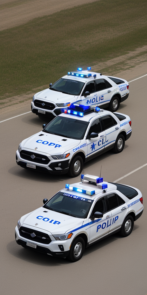 Three Police Cars with Flashing Lights Parked on a Quiet Road