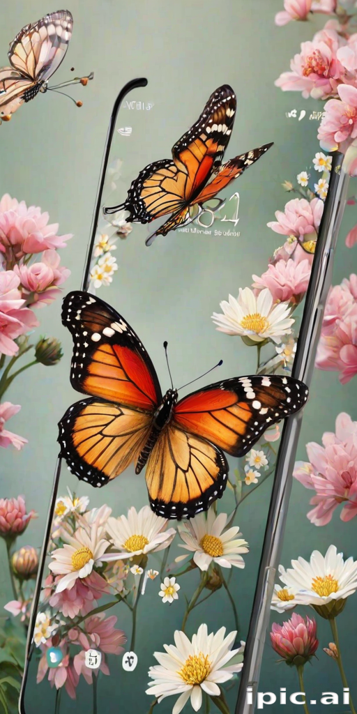 Beautiful Butterflies and Flowers on a Smartphone Screen Background Design